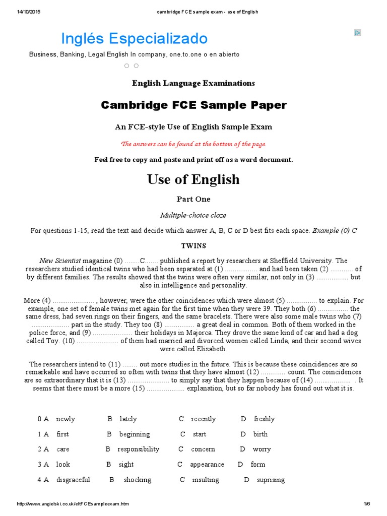 cambridge FCE sample exam - use of English.pdf | Edinburgh | Test ...