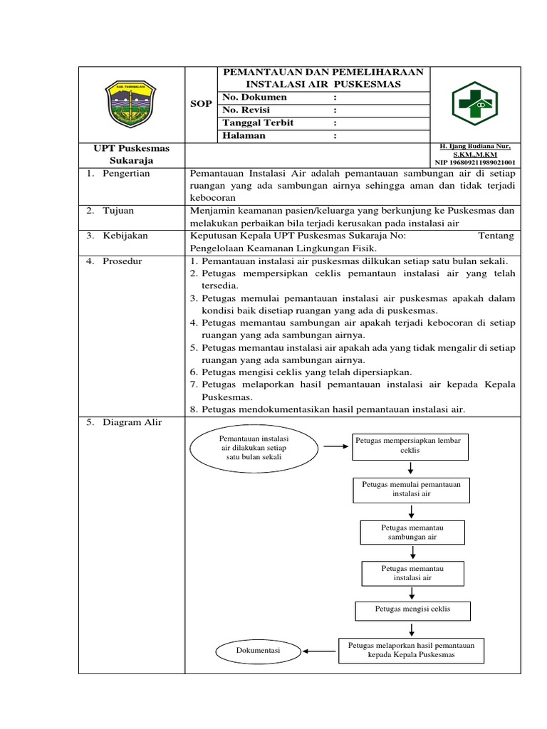 Sop Dan Daftar Tilik Pemantauan Dan Pemeliharaan Instalasi Air Puskesmas | PDF