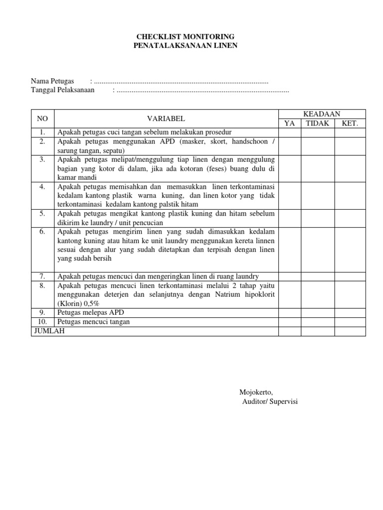 CHECKLIST MONITORING Linen | PDF