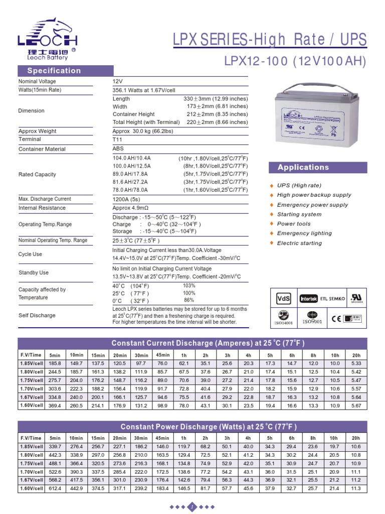 LPX12 100 | PDF | Galvanic Cells | Rechargeable Battery