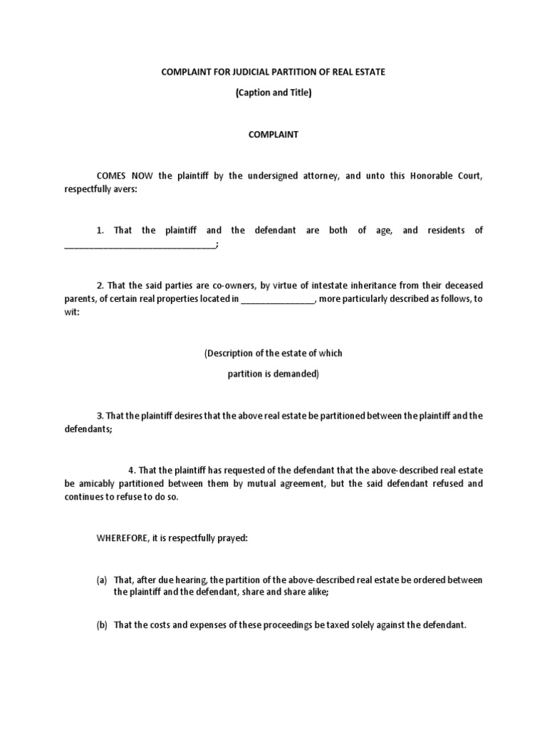 Complaint For Judicial Partition of Real Estate (Caption and Title ...