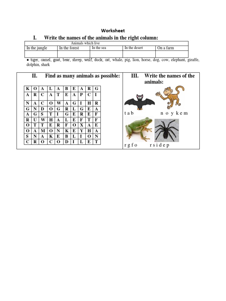 Worksheet I. Write The Names of The Animals in The Right Column | PDF