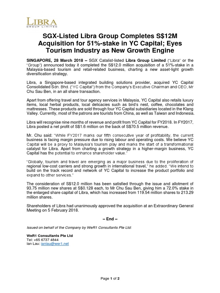 LGL-YC-SGX-Listed Libra Group Completes S$12M Acquisition For 51%-Stake ...