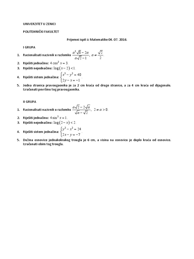 Prijemni Ispit PTF Juli 2016 | PDF