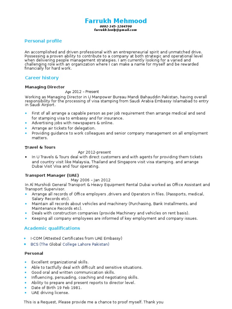 Job CV Farrukh | PDF | Travel Visa | Employment