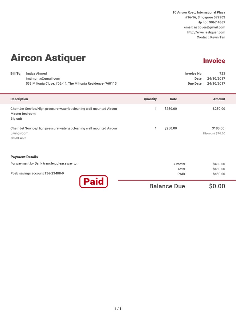 Aircon Cleaning Invoice Paid | PDF