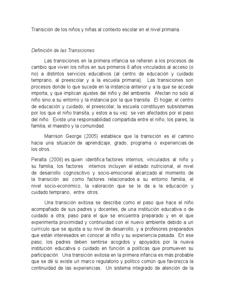 Transición de Los Niños y Niñas Al Contexto Escolar en El Nivel ...