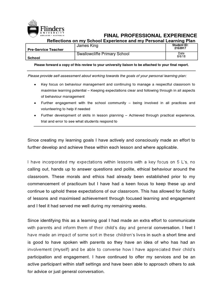 Student Self Assessment Process - Final Reflections 1 | PDF | Classroom ...