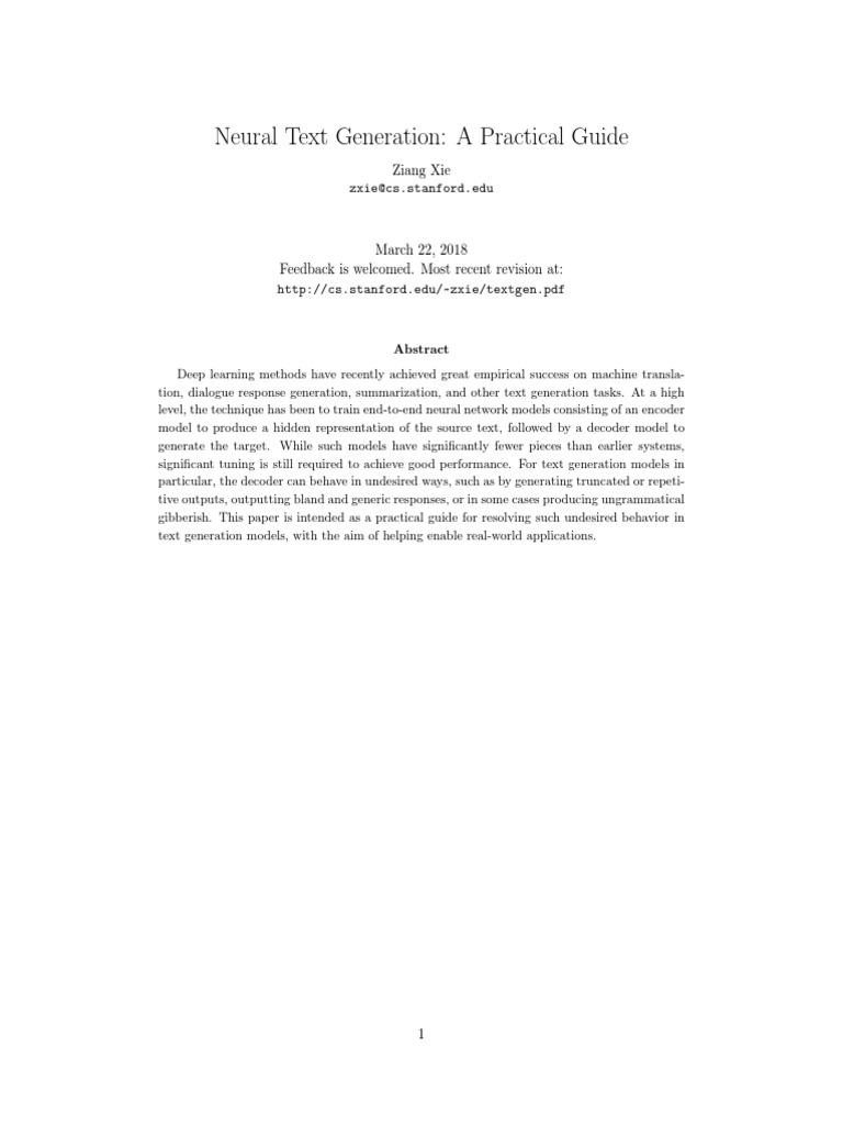 Neural Text Generation: A Practical Guide: Ziang Xie Zxie@cs - Stanford ...