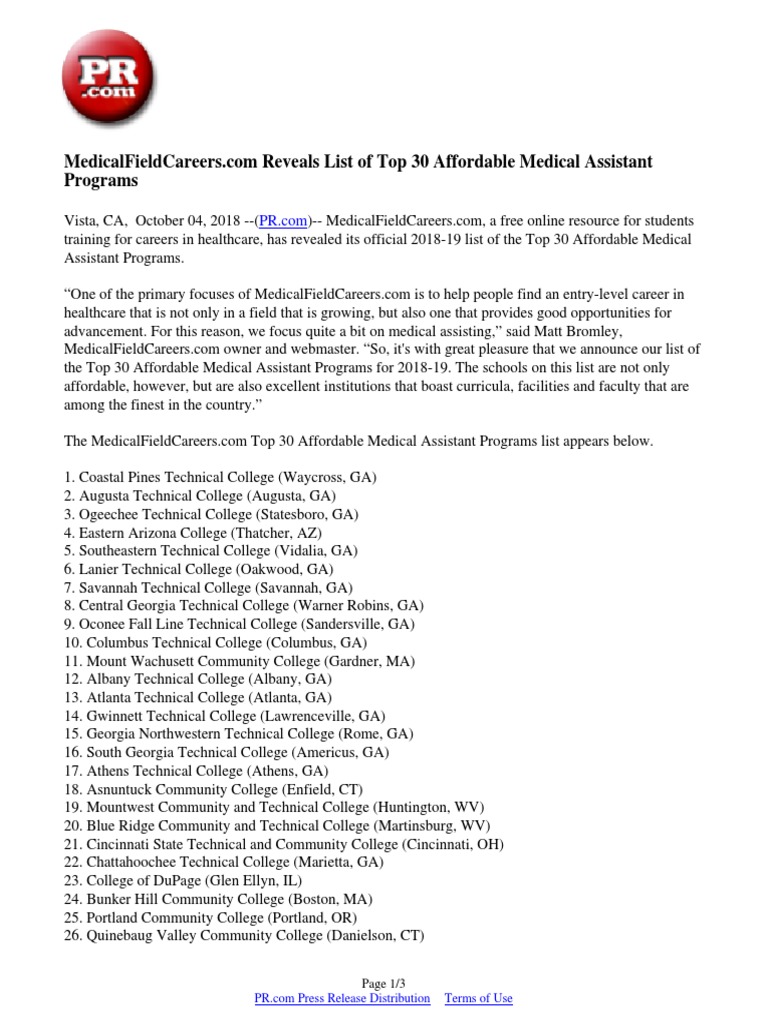 Reveals List of Top 30 Affordable Medical Assistant Programs | PDF ...