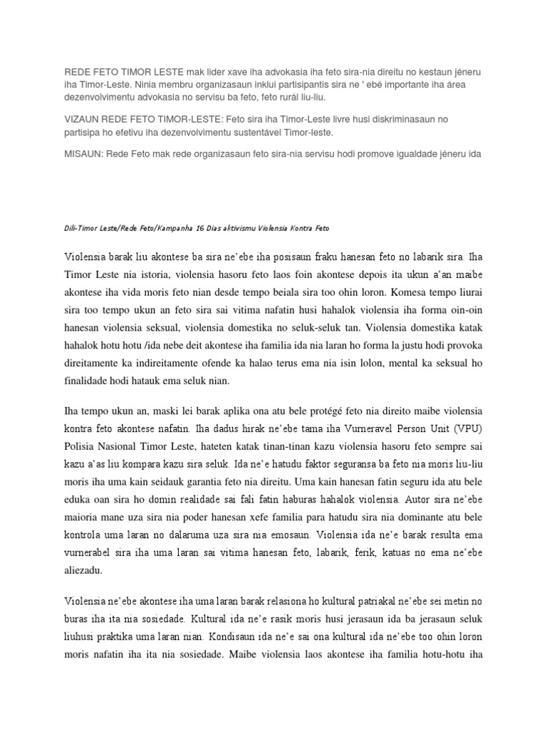 REDE FETO TIMOR LESTE Mak Lider Xave Iha Advokasia Iha Feto Sira | PDF ...