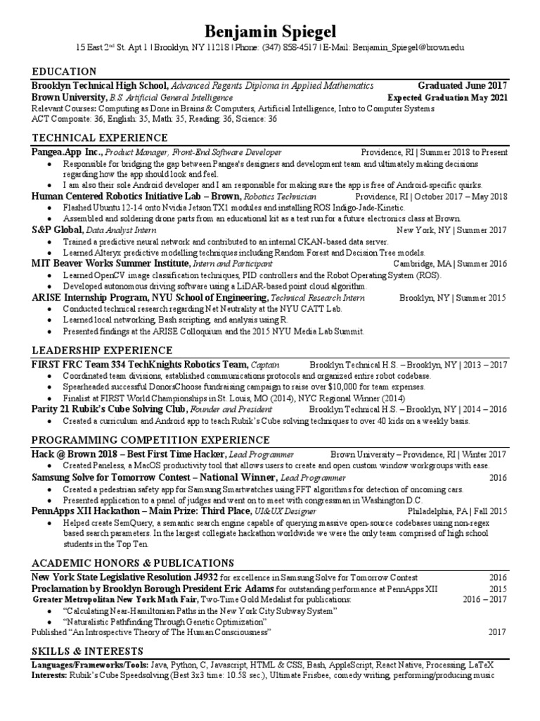 Benjamin Spiegel Resume | PDF | Computing | Areas Of Computer Science