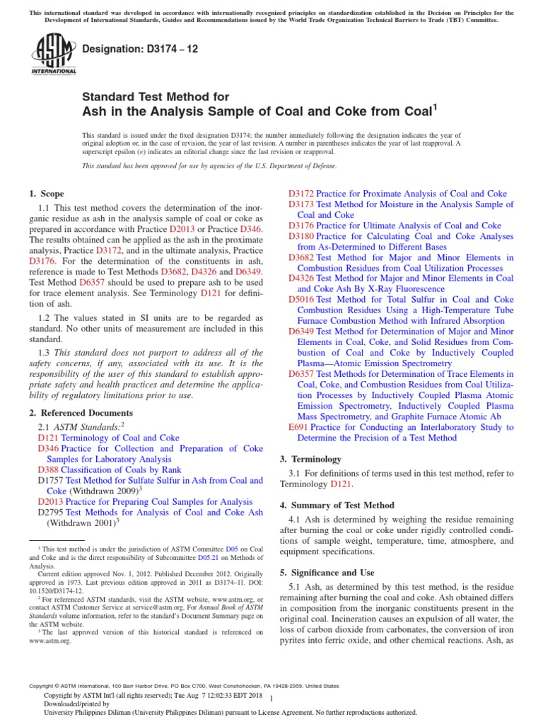 Ash in The Analysis Sample of Coal and Coke From Coal: Standard Test ...