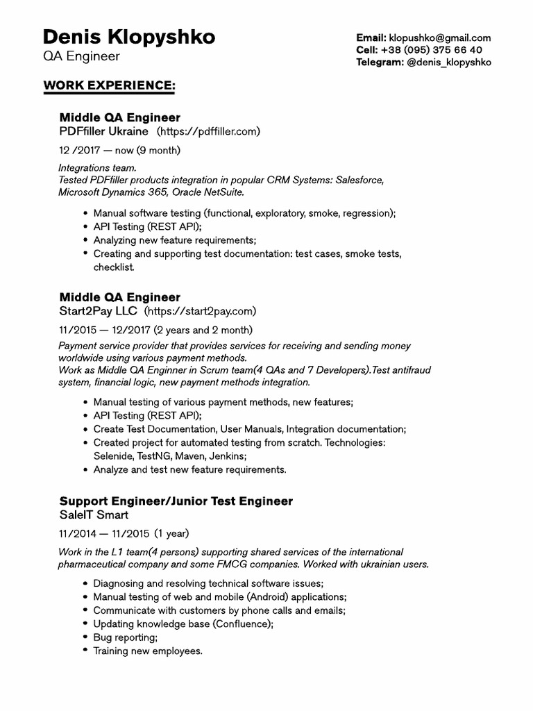 QA Engineer Resume: Denis Klopyshko | PDF