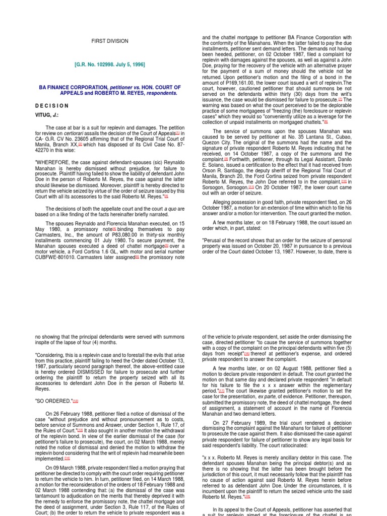 Replevin Case Dismissed Due to Failure to Prosecute | PDF | Mortgage ...