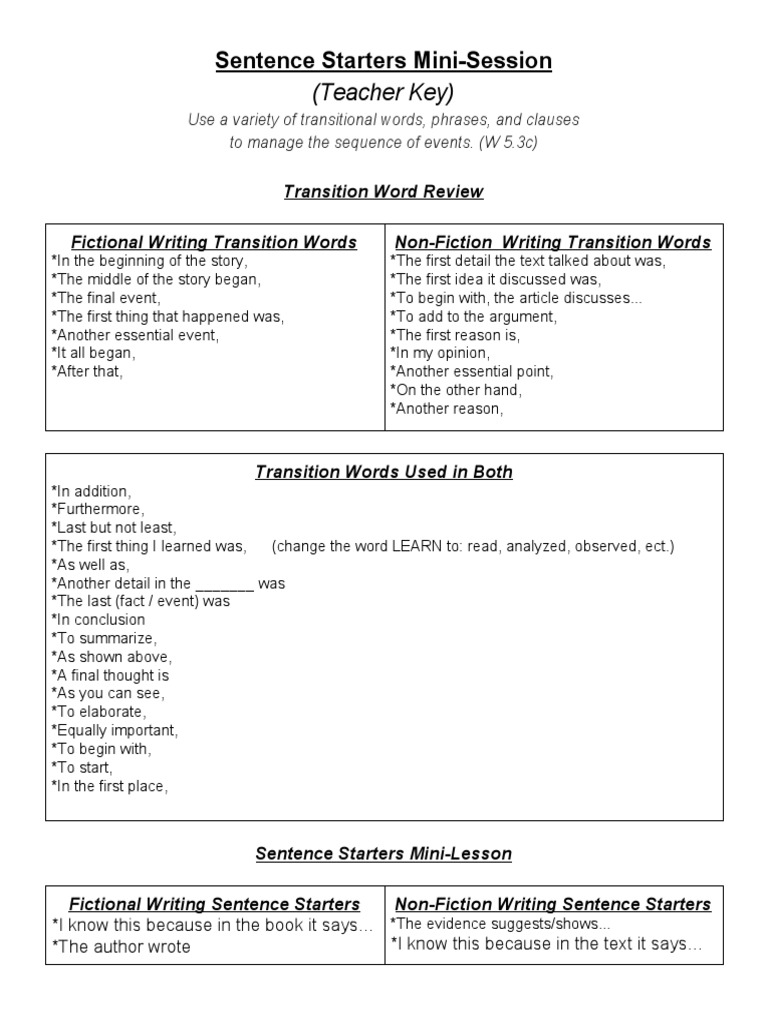 Sentence Starters Transition Word Mini-Lesson | PDF | Sentence ...