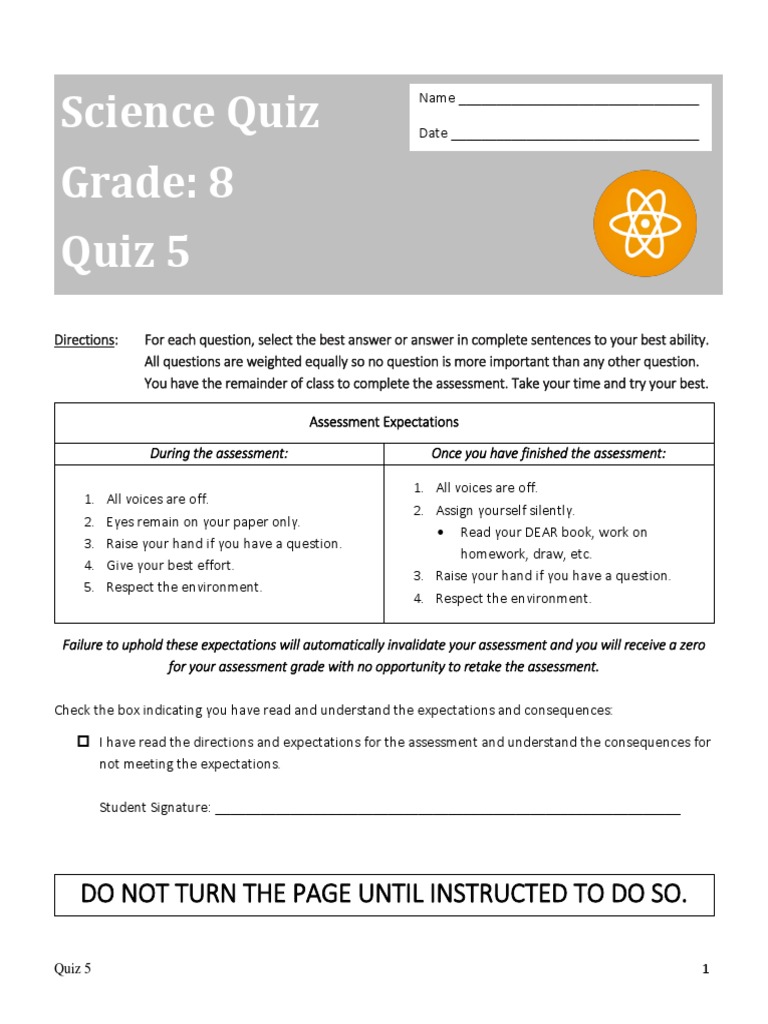 Science Quiz Grade: 8 Quiz 5: Do Not Turn The Page Until Instructed To ...