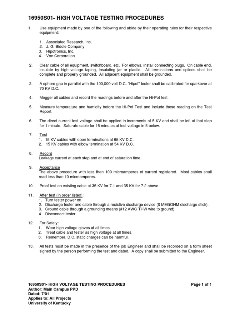 16950s01 HV Testing Procedures | PDF