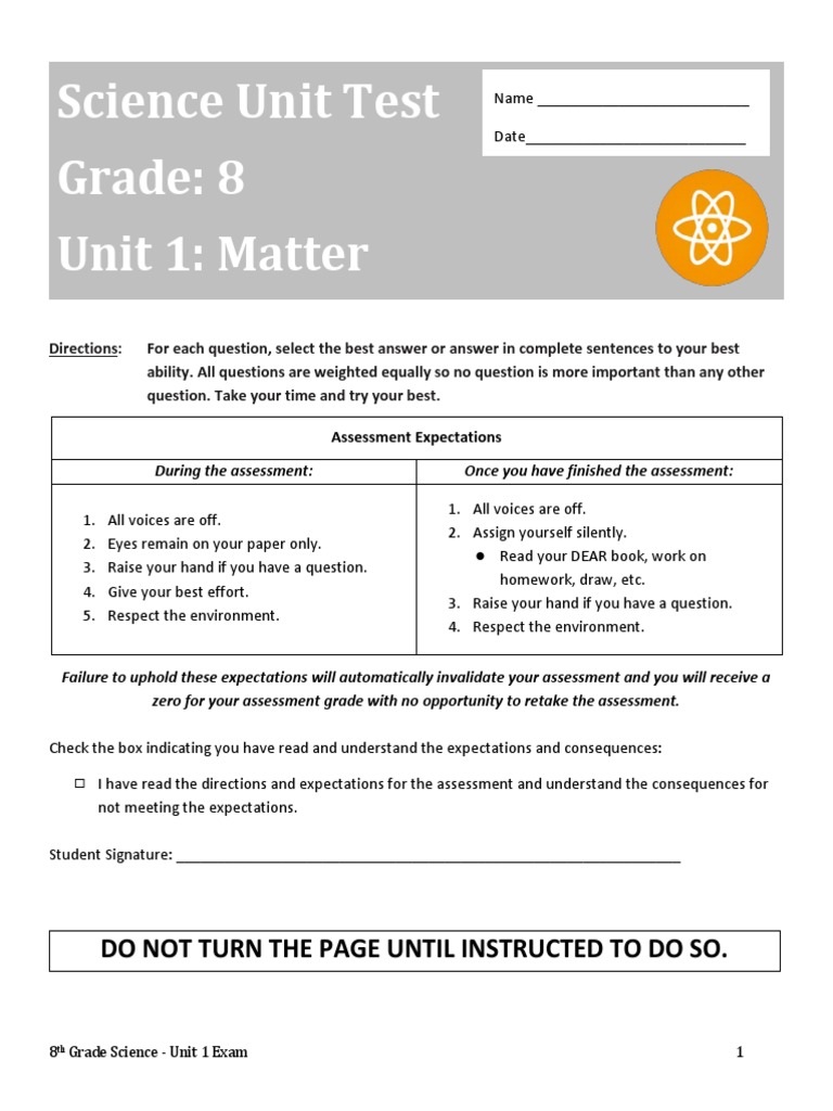 Science Unit Test Grade: 8 Unit 1: Matter: Do Not Turn The Page Until ...