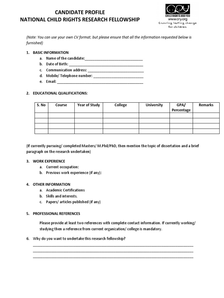 Candidate Profile National Child Rights Research Fellowship | PDF ...