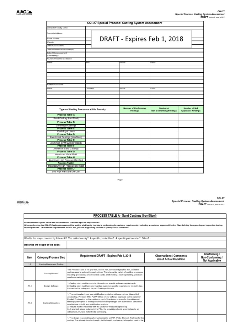 CQI-27 Casting Process Tables Stakeholder Review Final PDF | PDF ...