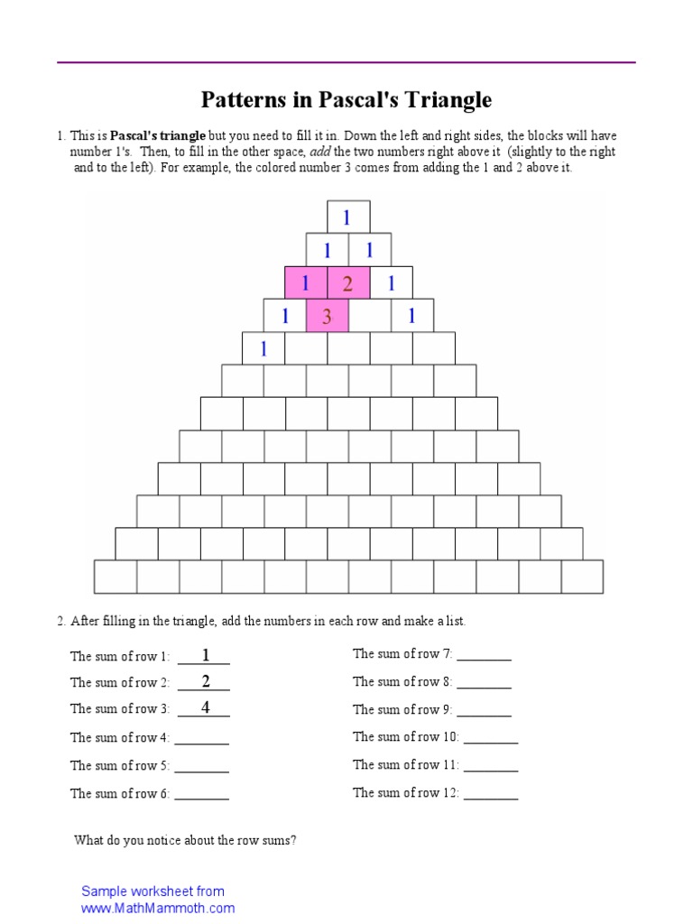Patterns in Pascal's Triangle: Sample Worksheet From | PDF