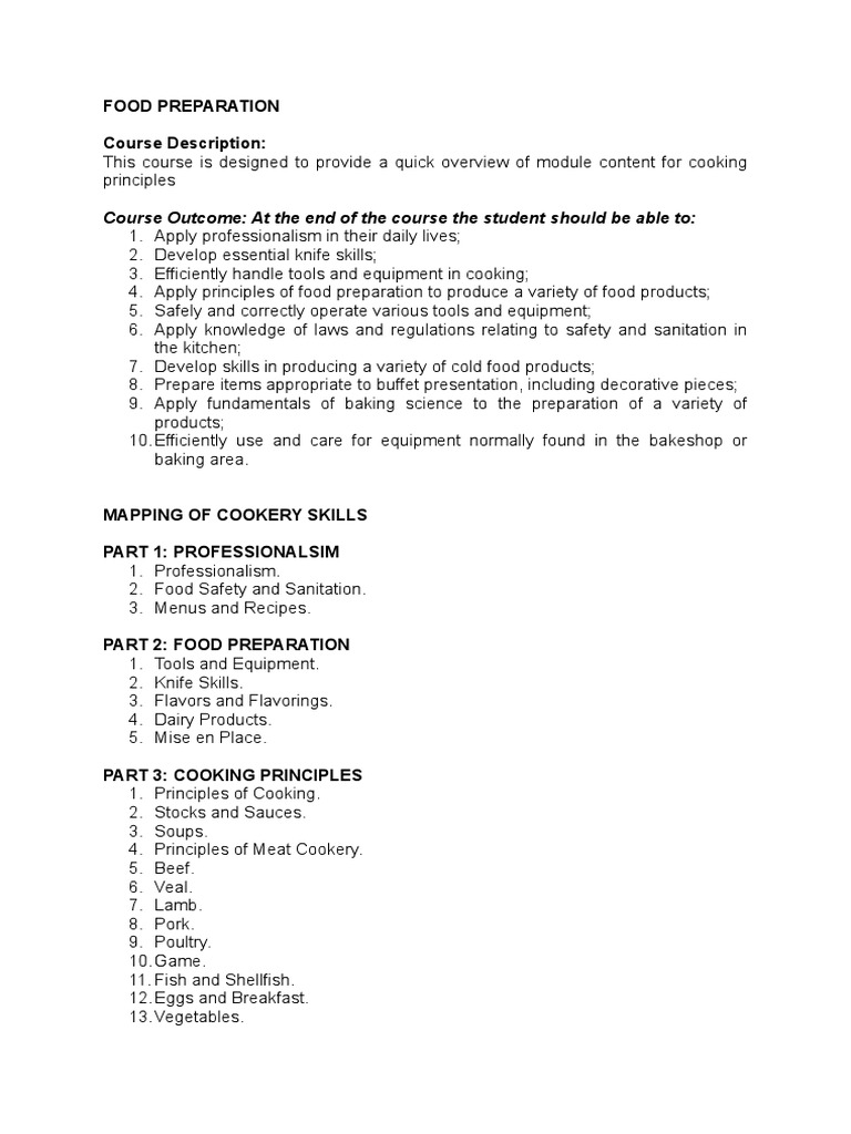 Mapping of Cookery Skills | PDF