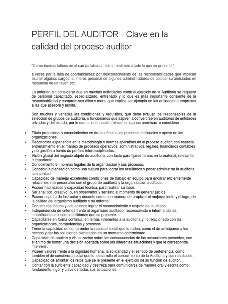 Perfil Del Auditor | PDF | Auditoría | Contralor