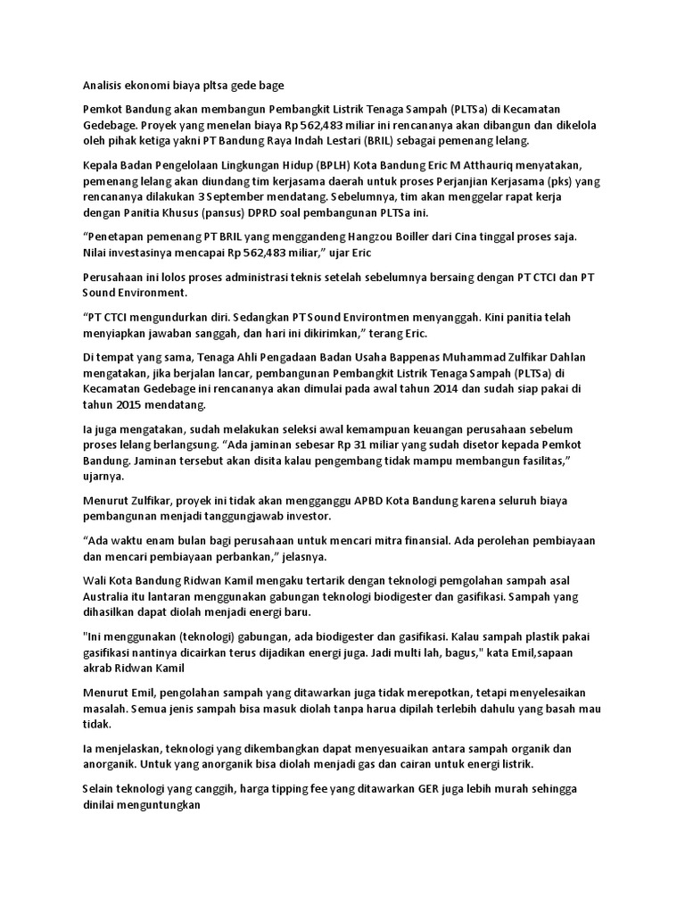 Analisis Biaya PLTSa Gedebage Bandung | PDF