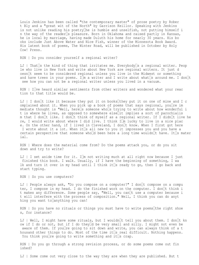 Louis Jenkins Interview | Download Free PDF | Poetry