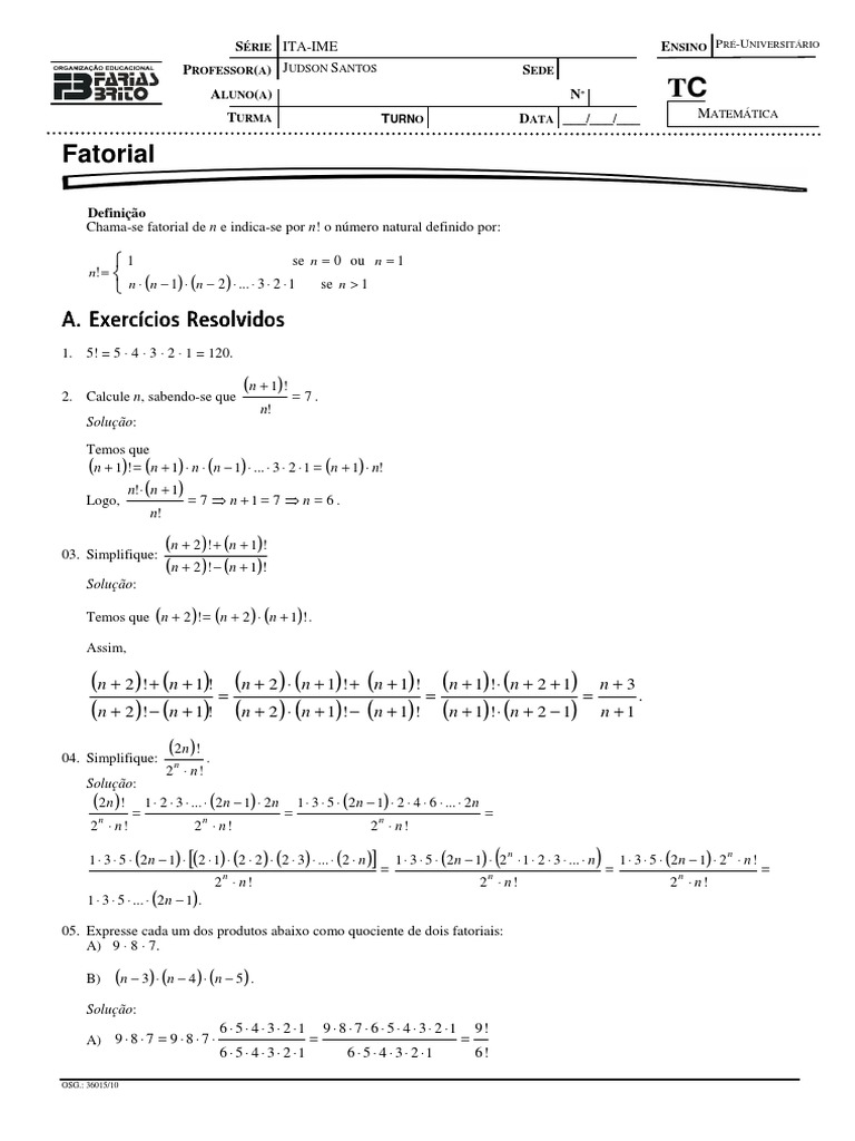 Matematica Fatorial Prof Judson Santos | PDF | Integer | Arithmetic