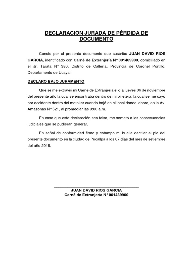Declaracion Jurada de Perdida de Documento