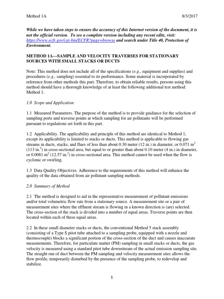 Method 1A-Sample and Velocity Traverses For Stationary Sources With ...