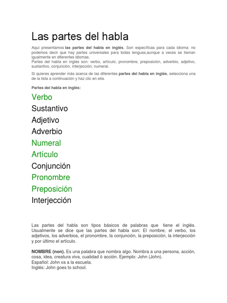 TEMA1 Partes Del Habla | Verbo | Palabra