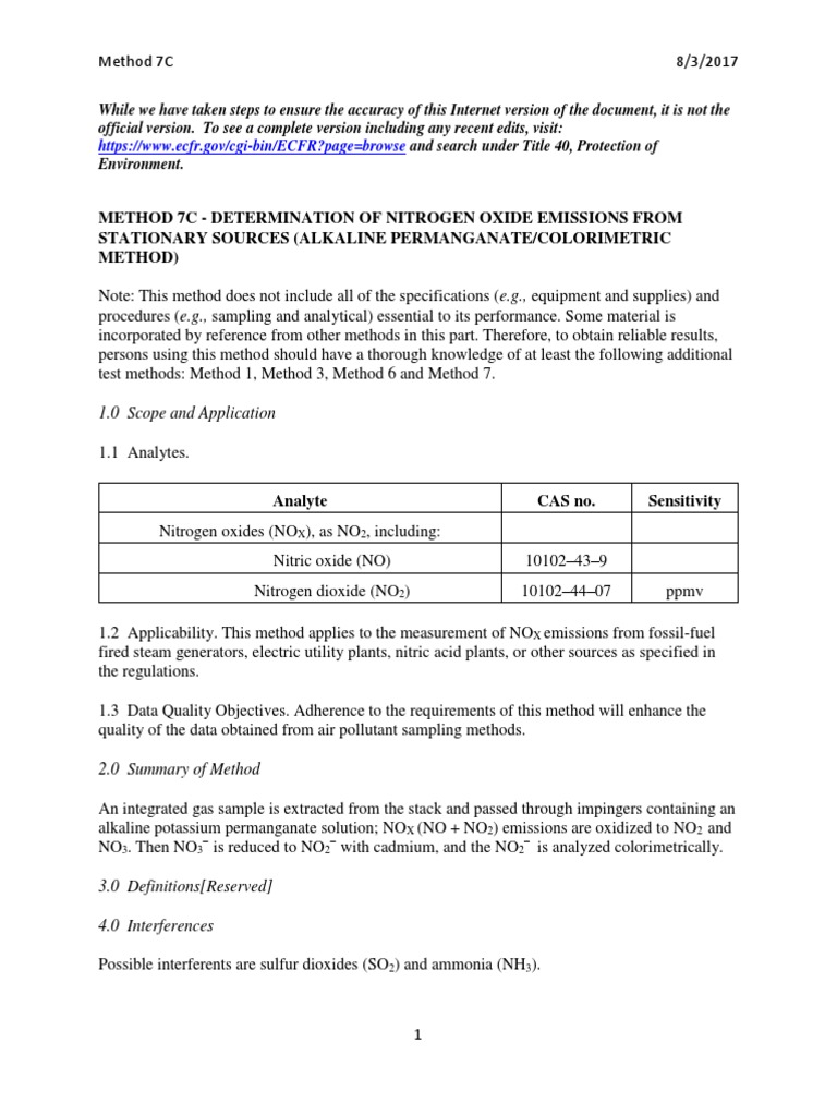 Method 7C - Determination of Nitrogen Oxide Emissions From Stationary ...