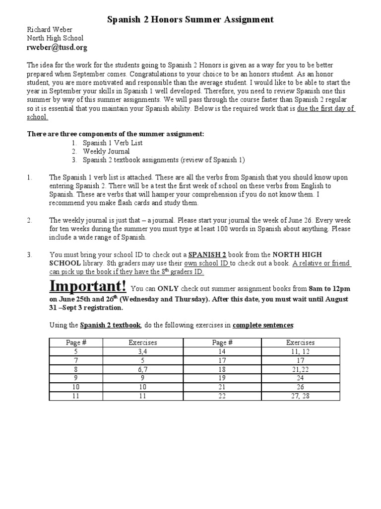 Spanish 2 Honors Summer Assignment | PDF | Onomastics | Semantic Units