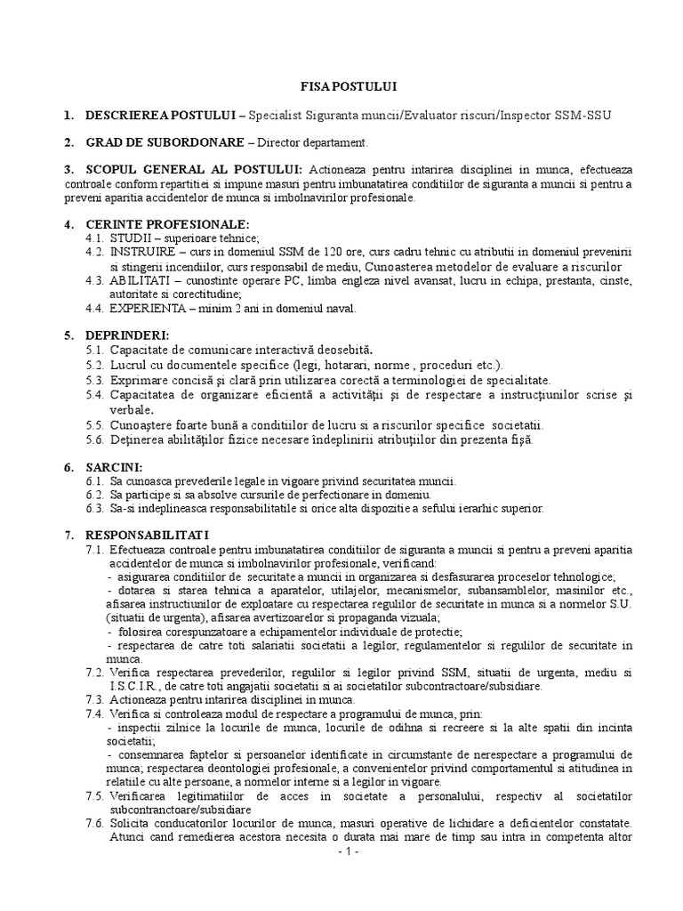 Fisa Postului Inginer Inspector SSM-SSU | PDF