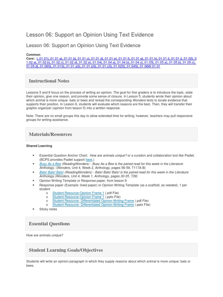 Lesson 06: Support An Opinion Using Text Evidence | PDF | Reason | Phonics