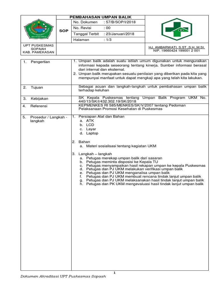 SOP Umpan Balik Puskesmas Sopaah | PDF
