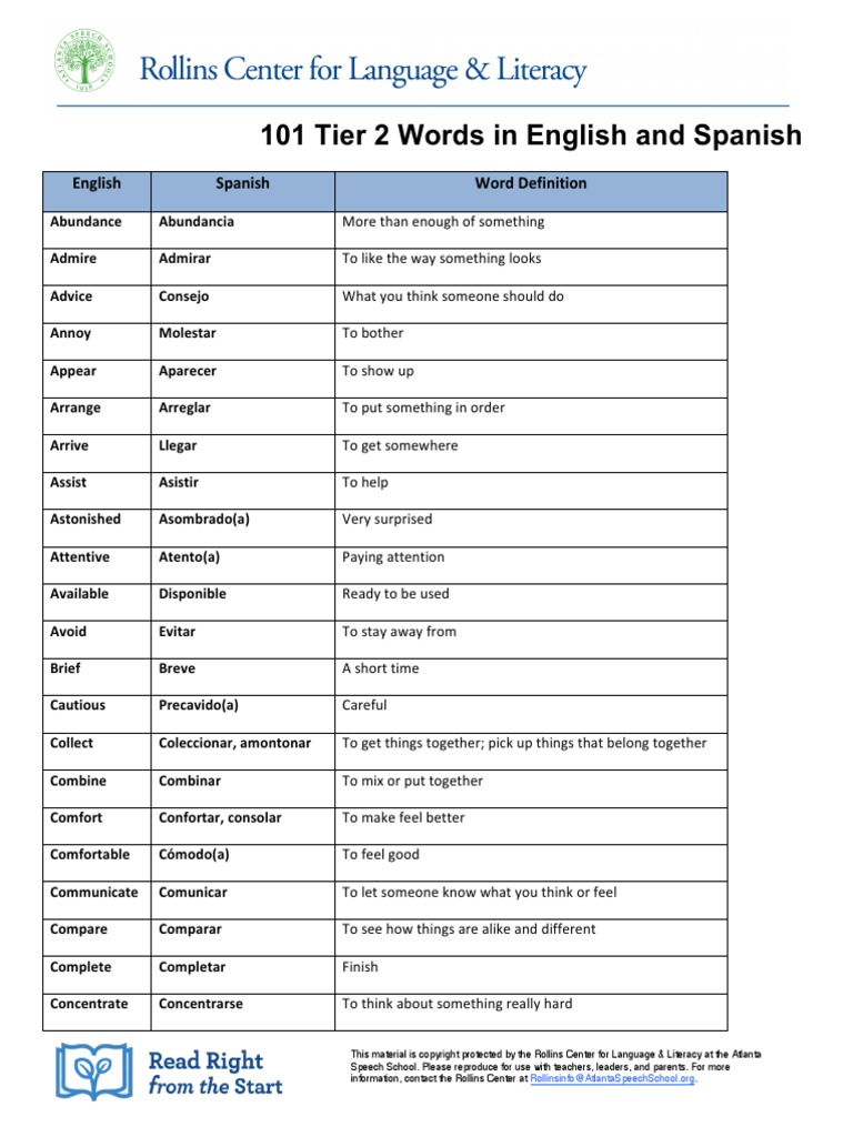 101 Tier 2 Words in English and Spanish | PDF | Grammatical Gender ...