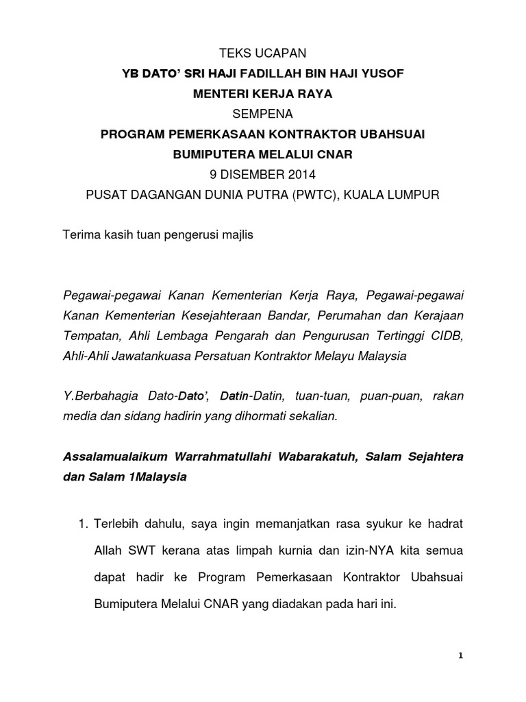 Teks Ucapan YBM - Program Pemerkasaan Kontraktor Ubahsuai Bumiputera CNAR PDF | PDF