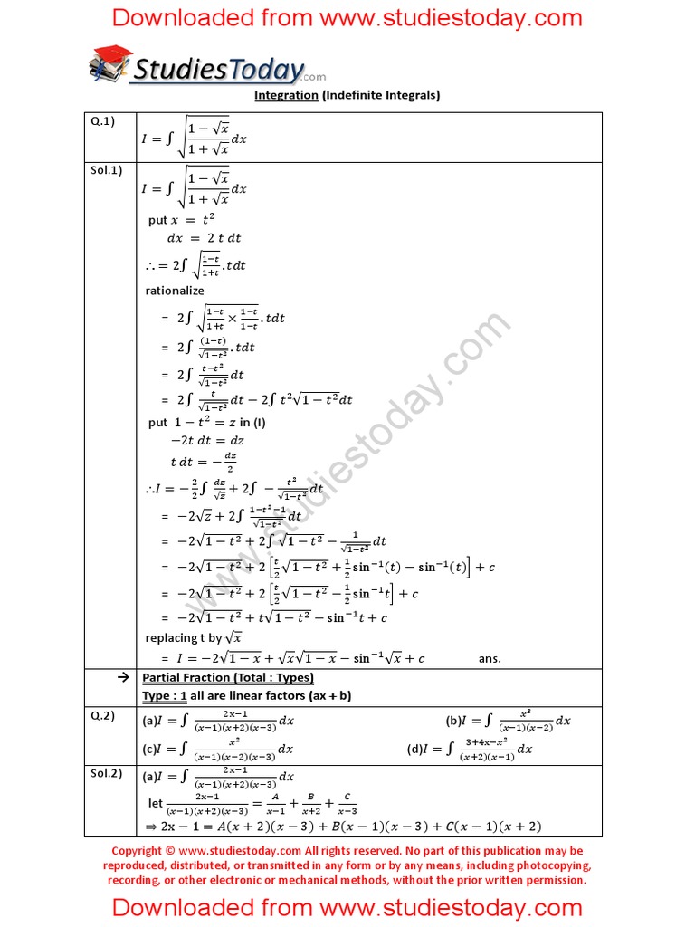 CBSE Class 12 Mathematics Integration Worksheet PDF | PDF | Equations ...