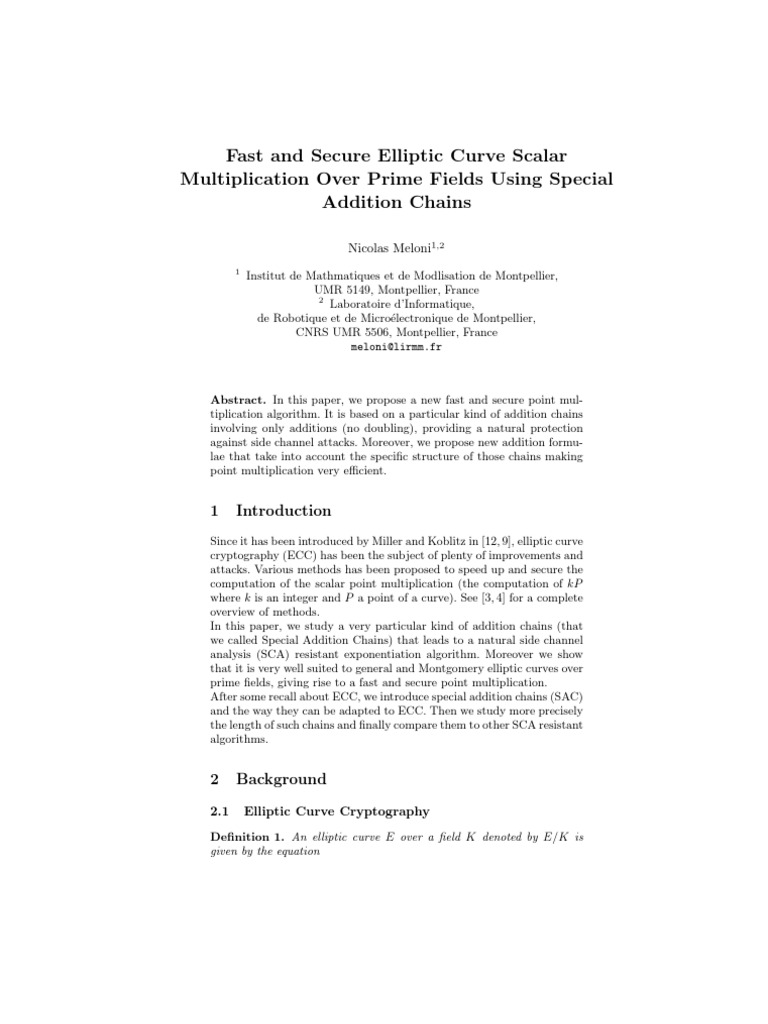 Fast and Secure Elliptic Curve Scalar Multiplication Over Prime Fields Using Special Addition ...