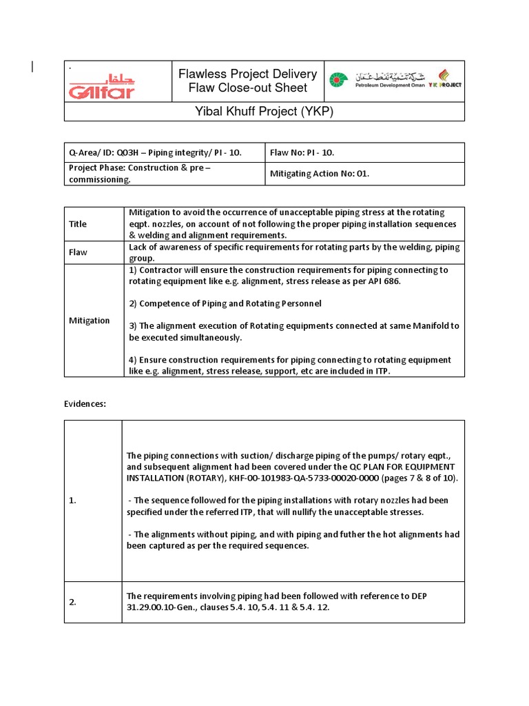 Flawless Project Delivery Flaw Close-Out Sheet Yibal Khuff Project (YKP ...