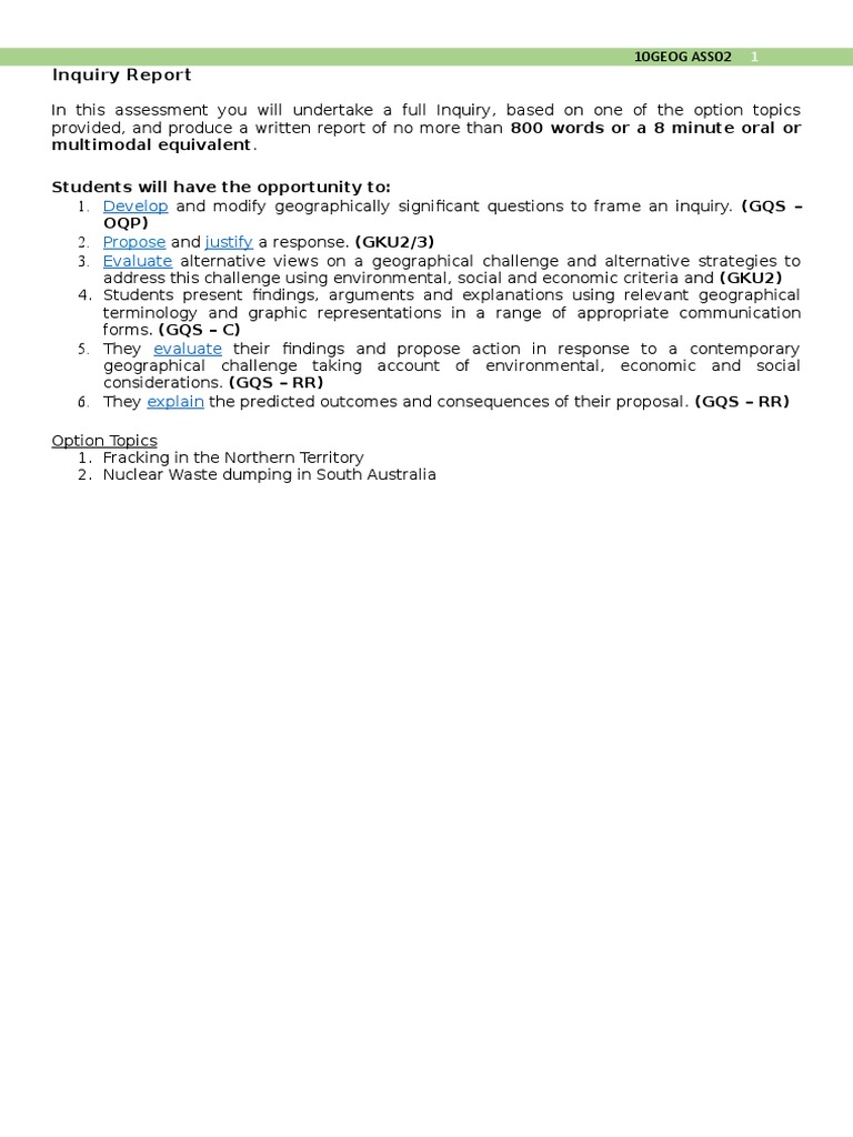 10geog Ass02 Inquiry Report | PDF | Inquiry | Evaluation