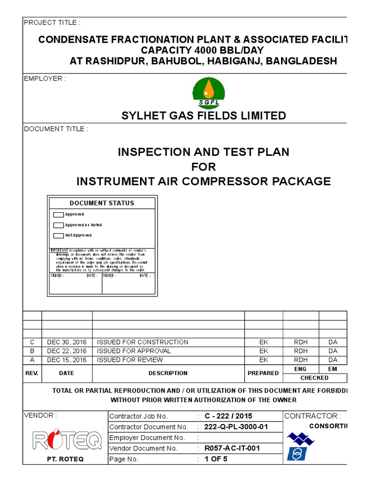 Inspection and Test Plan for Instrument Air Compressor | PDF ...