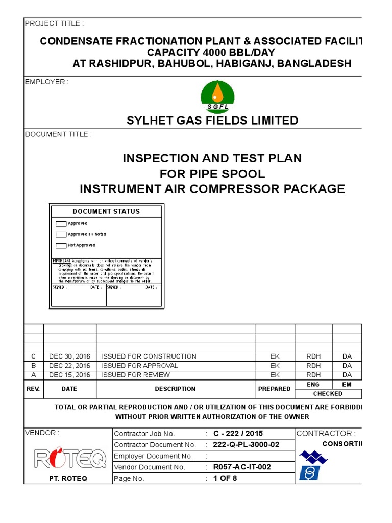 Inspection and Test Plan For Pipe Spool Instrument Air Compressor ...
