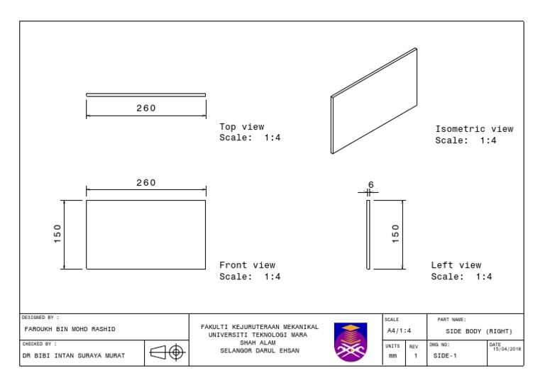 Side Body (Right) Technical Drawing: Isometric, Top, Front, and Left ...