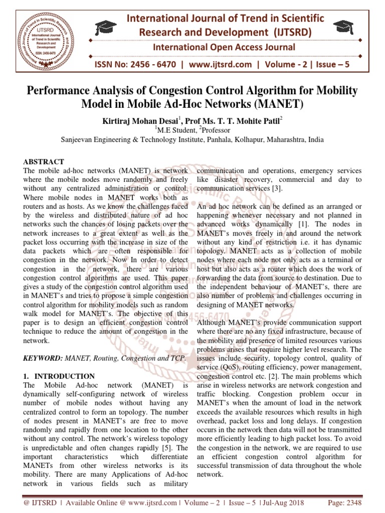Performance Analysis of Congestion Control Algorithm For Mobility Model in Mobile Ad-Hoc ...
