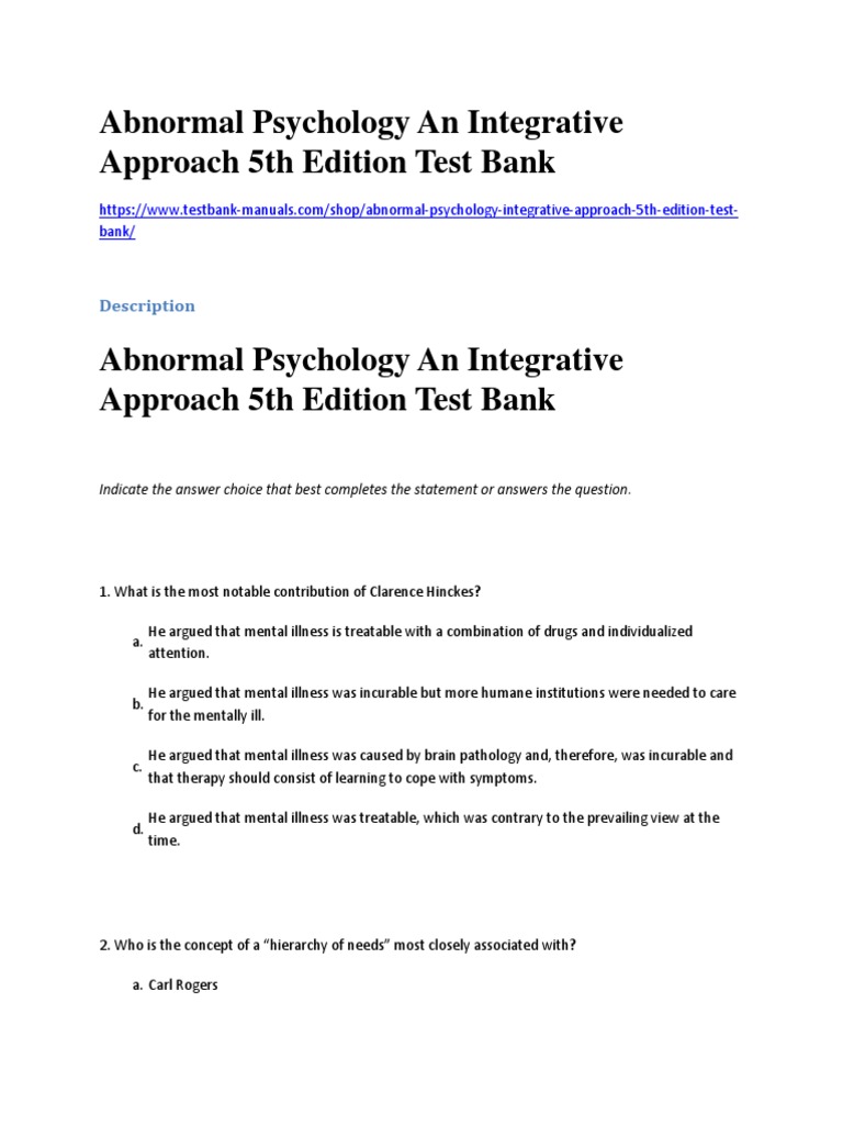 Abnormal Psychology An Integrative Approach 5th Edition Test Bank | PDF ...